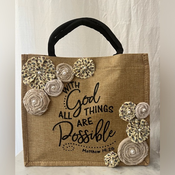 Bags | Christian Verse Burlap Tote Bag | Poshmark